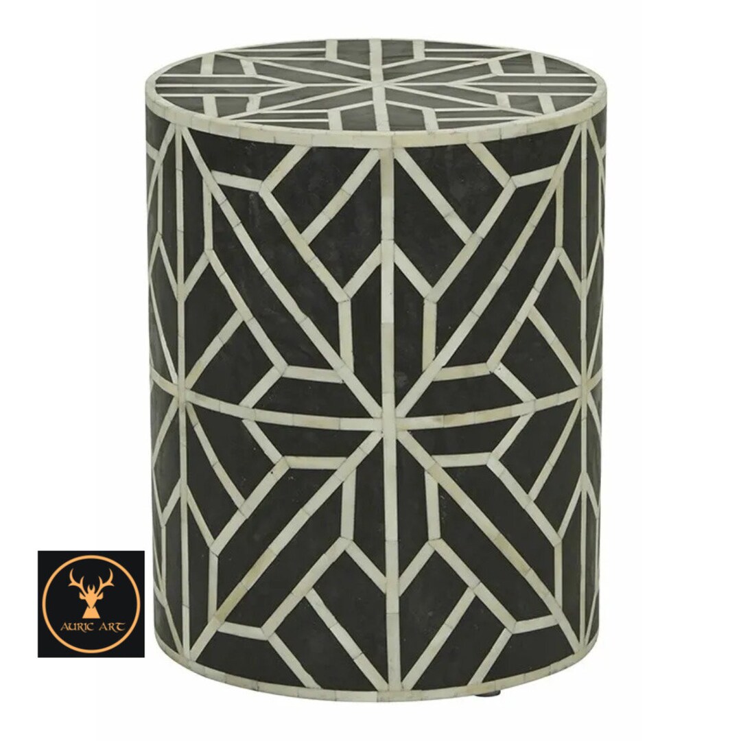 Bone Inlay Drum Round Shape Geometric End Table Furniture / Home Decor ...