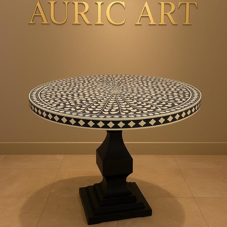 Luxury Black Bone Inlay Round Dining Table – Handcrafted Floral Design ...