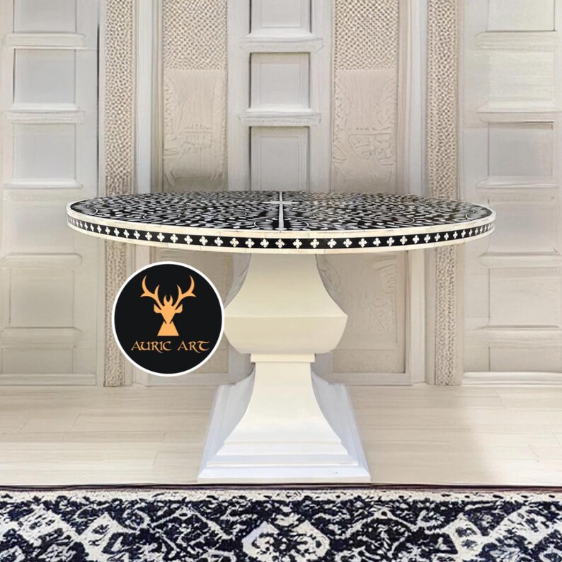 Luxury Black Bone Inlay Round Dining Table – Handcrafted Floral Design ...