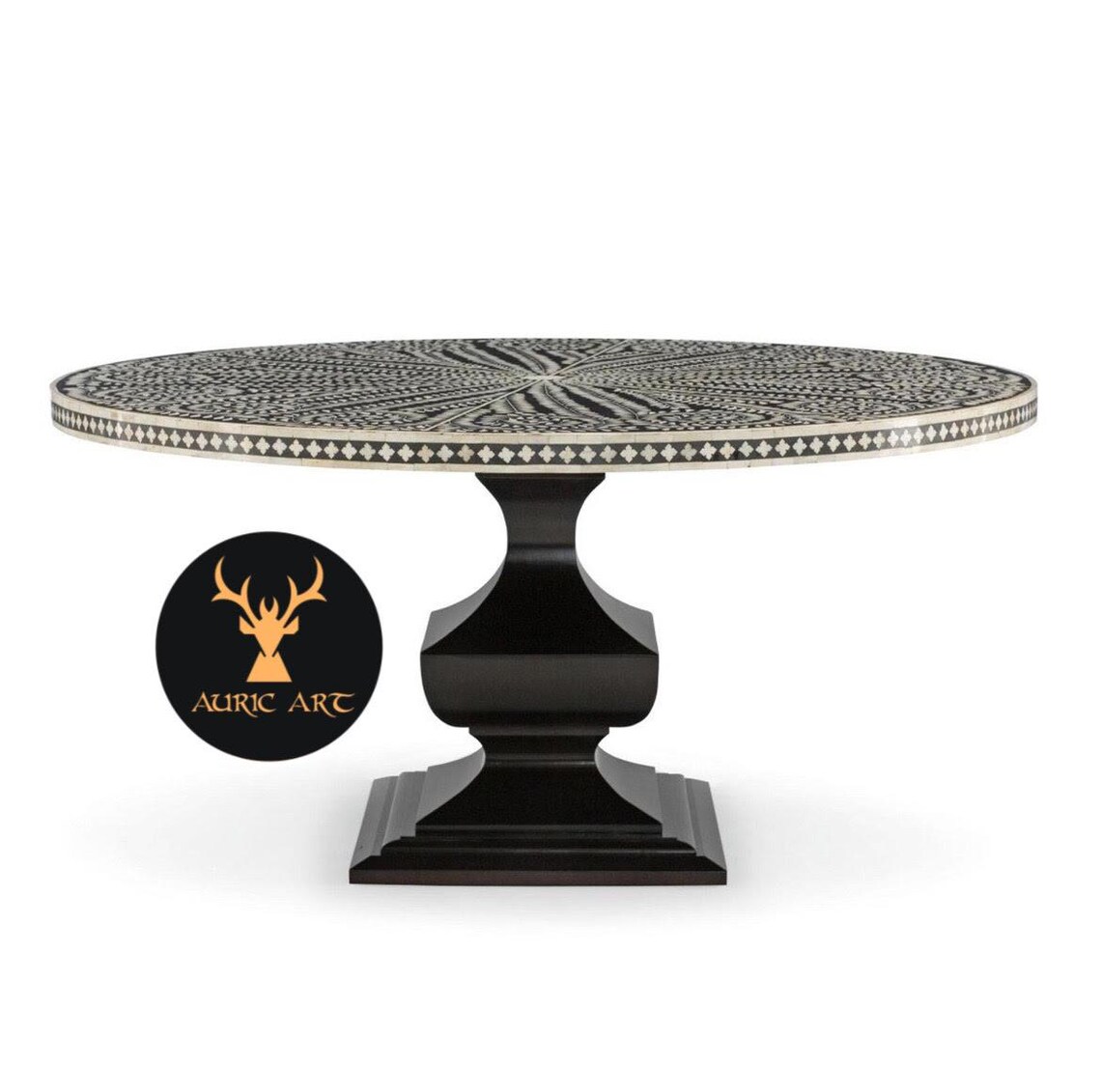 Luxury Black Bone Inlay Round Dining Table – Handcrafted Floral Design ...