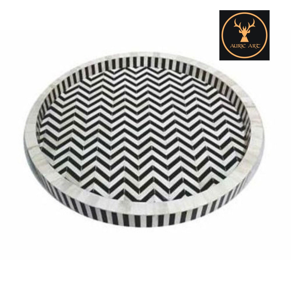 Bone Inlay Handmade Zigzag Pattern Round Shape Serving Tray / Home ...