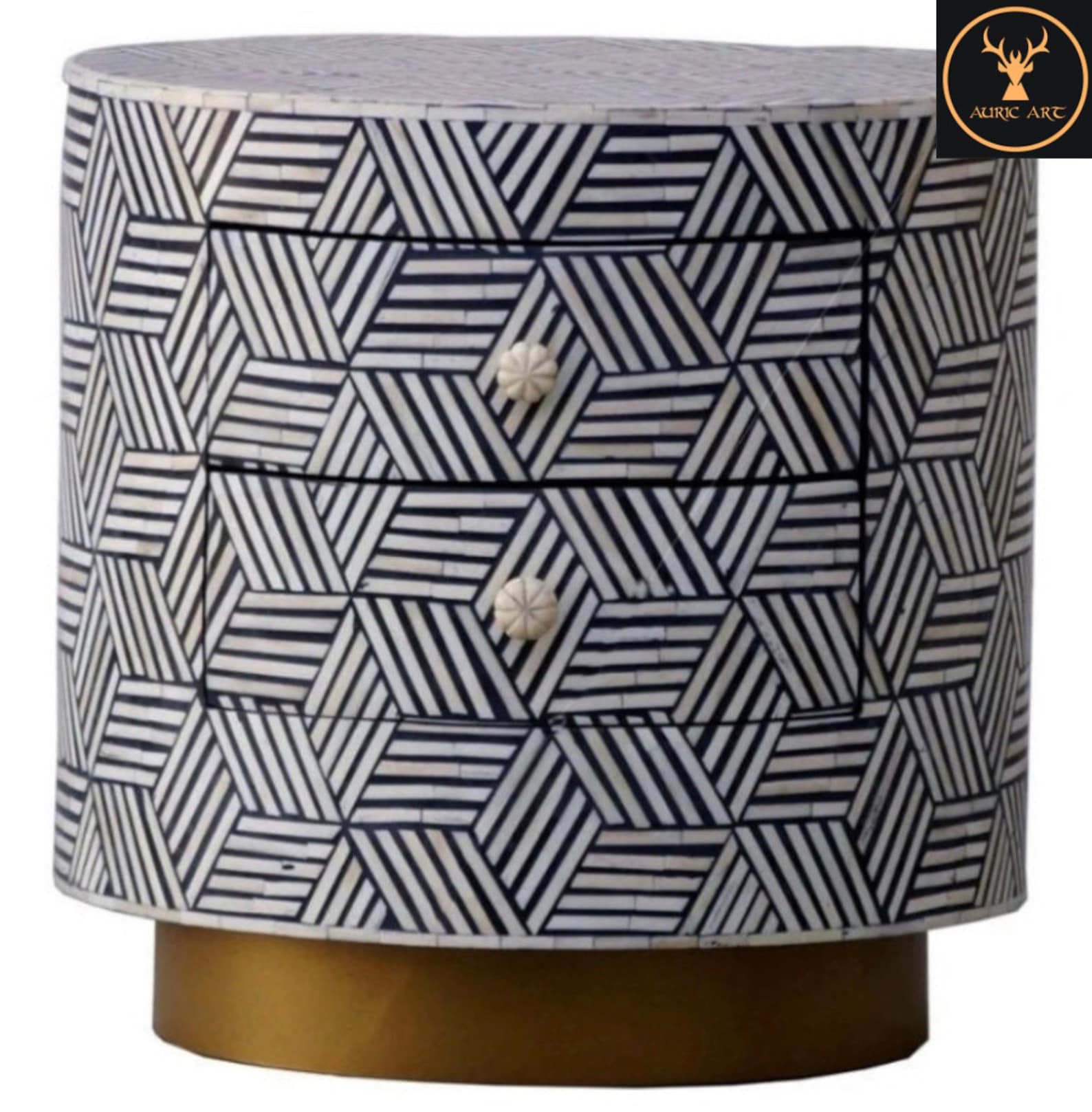 Handmade Bone Inlay Geometric Pattern Drum End Table With Three Drawer ...