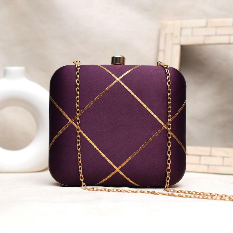 Elegant Purple & Gold Box Clutch With Chain Strap - Etsy