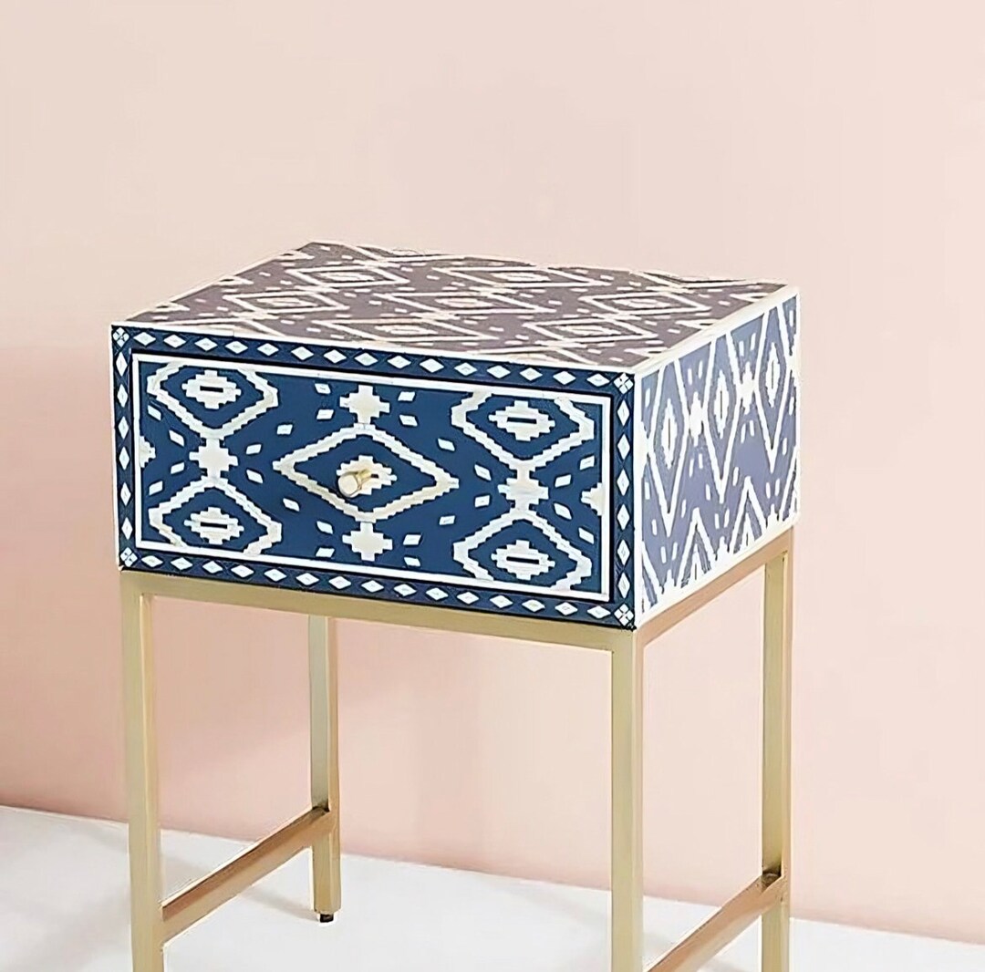 Bone Inlay Blue Bedside Table Ikat Pattern With Single Drawer - Etsy