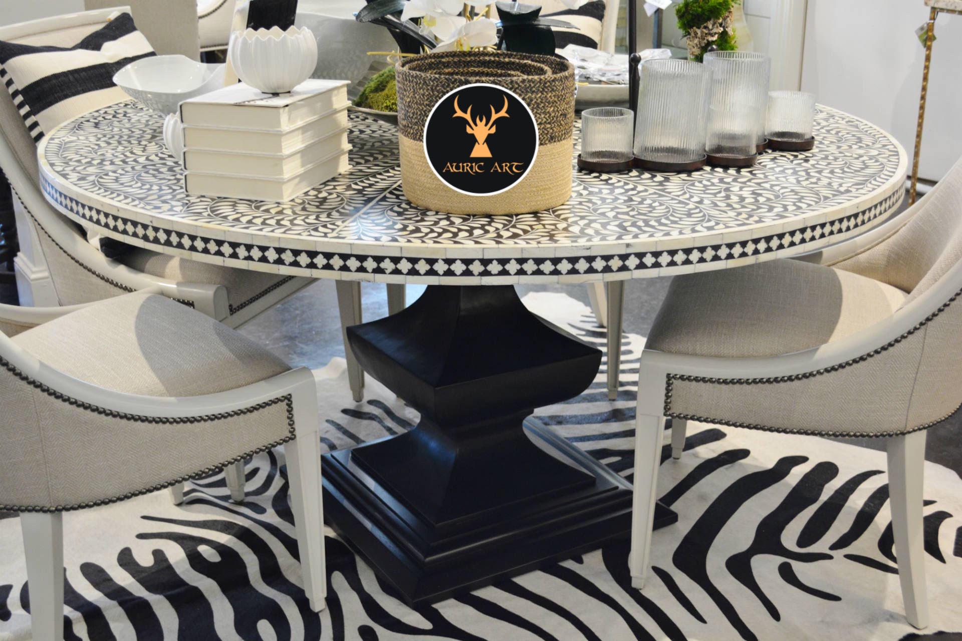 Luxury Black Bone Inlay Round Dining Table – Handcrafted Floral Design ...