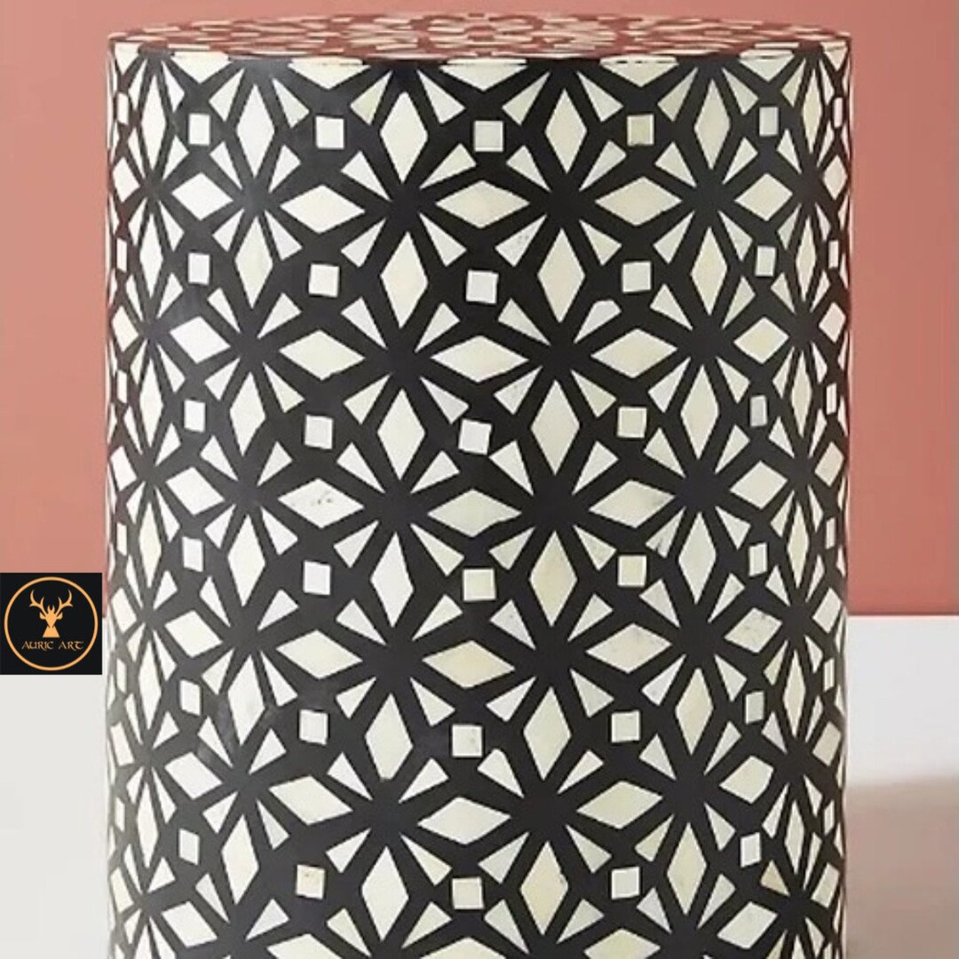 Bone Inlay Black Rangoli Design Round Drum End Table - Etsy