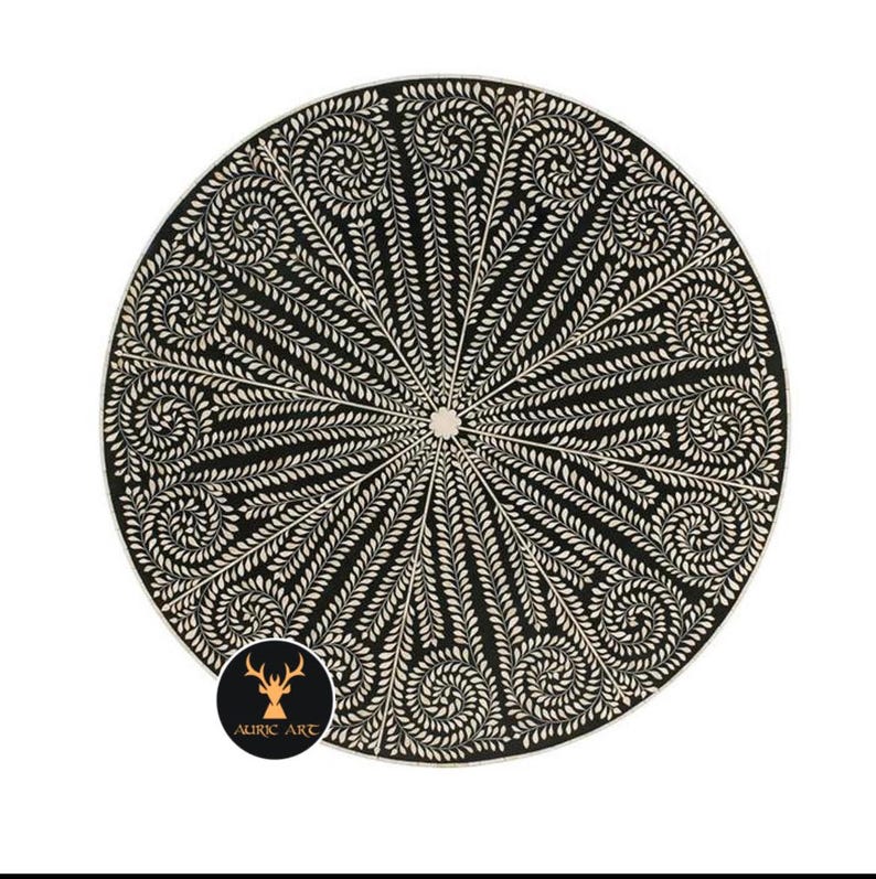 Luxury Black Bone Inlay Round Dining Table – Handcrafted Floral Design ...