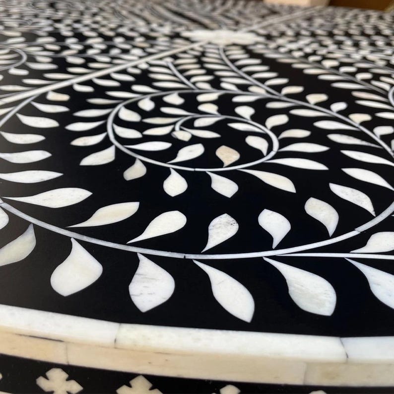 Luxury Black Bone Inlay Round Dining Table – Handcrafted Floral Design ...