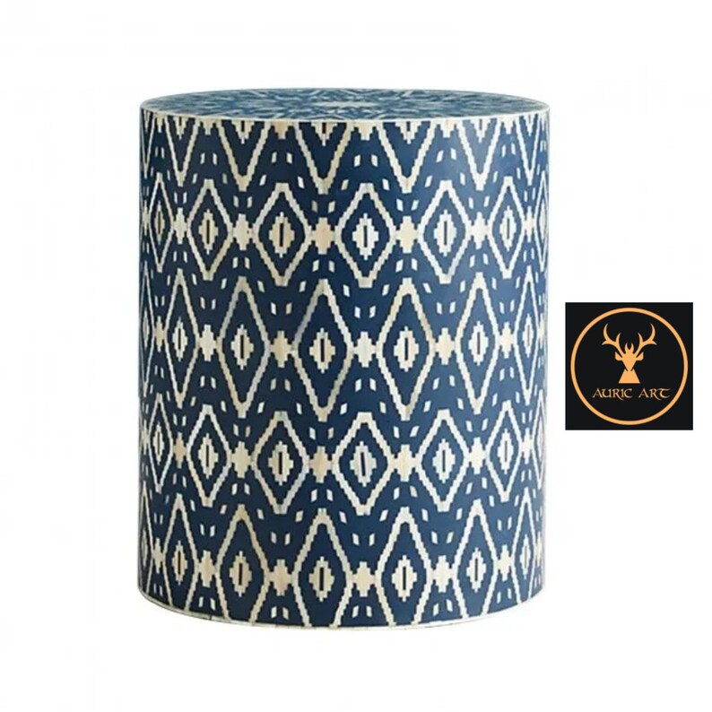 Bone Inlay End Table / Stool Handmade Blue Color Ikat Design Pattern - Etsy