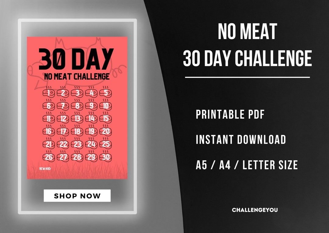 No Meat 30 Day Challenge, Printable Goal Tracker, Vegan Planner ...