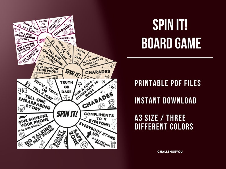 Spin the Bottle Game, Party Game Printable, Birthday Game, Board Game ...