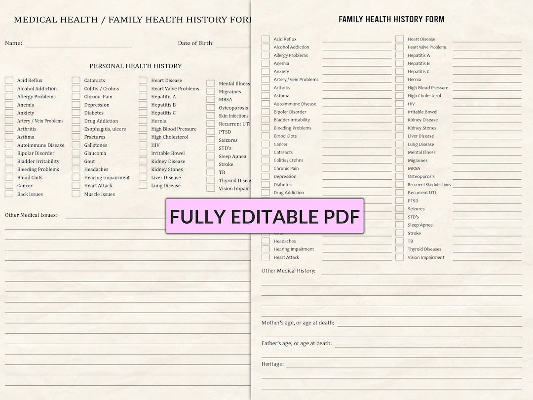 EDITABLE Medical History Form, Family Medical History Form , Medical ...