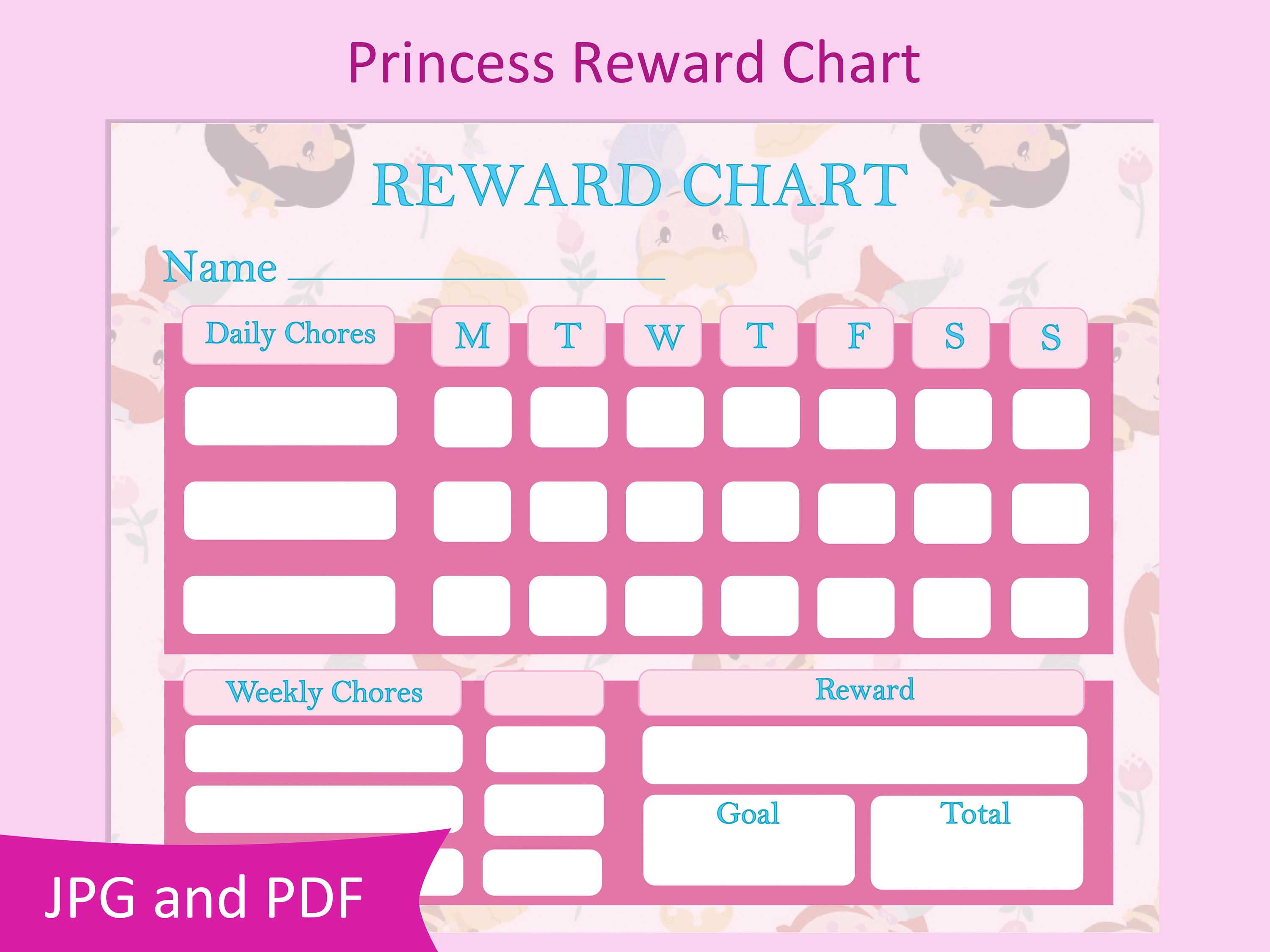 Printable Princess Reward Chart for Kids, Daily Chore Chart, Kids ...