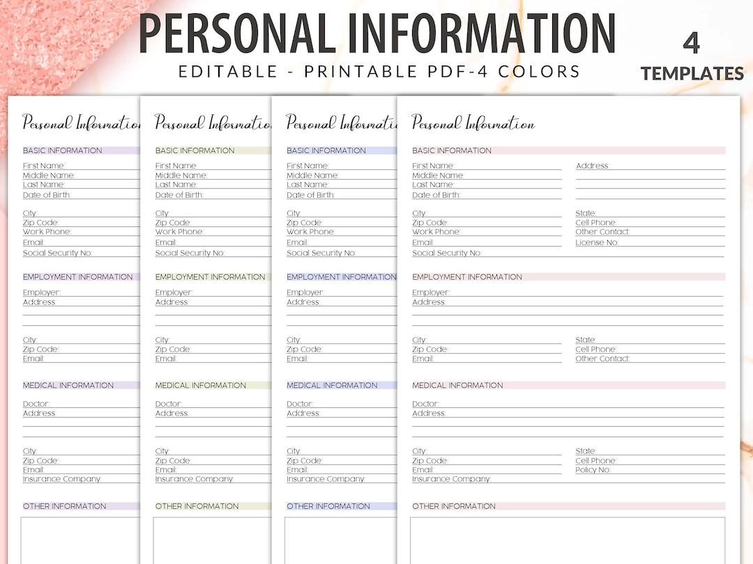 Editable Personal Information, Personal Information Template, Personal ...