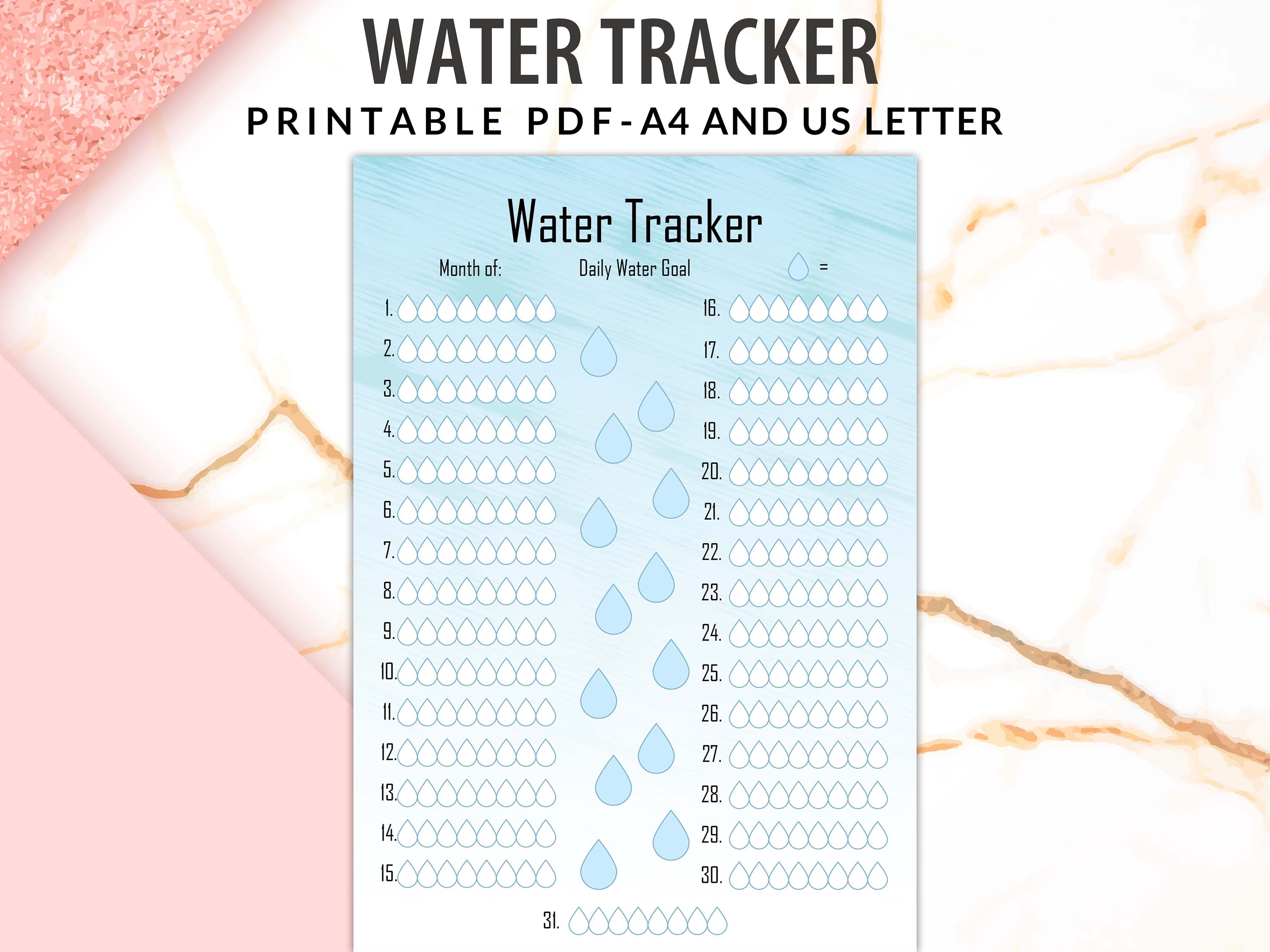 Monthly Water Intake Tracker, 30 Day Water Challenge Printable, Water ...