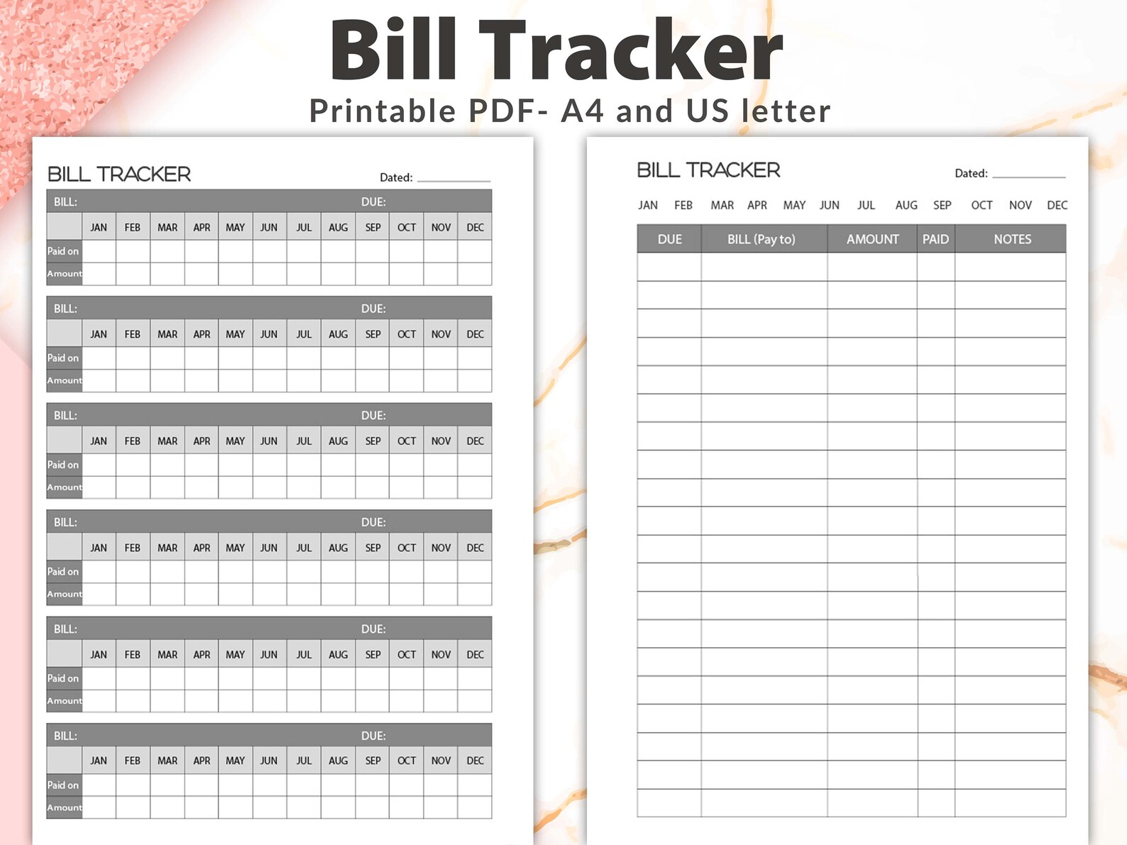 Monthly Bill Tracker, Yearly Bill Tracker Printable, Bill Payment ...
