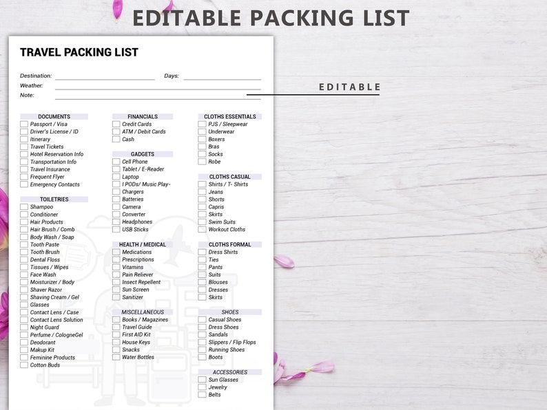 Editable Travel Packing List, Travel Packing List Printable, Packing ...