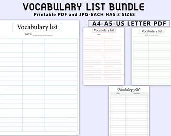 Printable Vocabulary List Bundle, Vocabulary Set Printable, Language ...