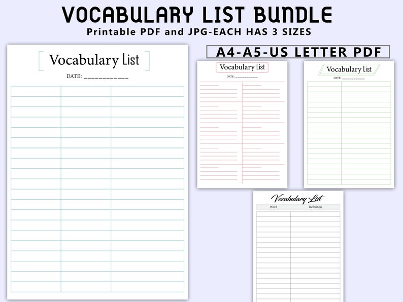 Printable Vocabulary List Bundle, Vocabulary Set Printable, Language ...