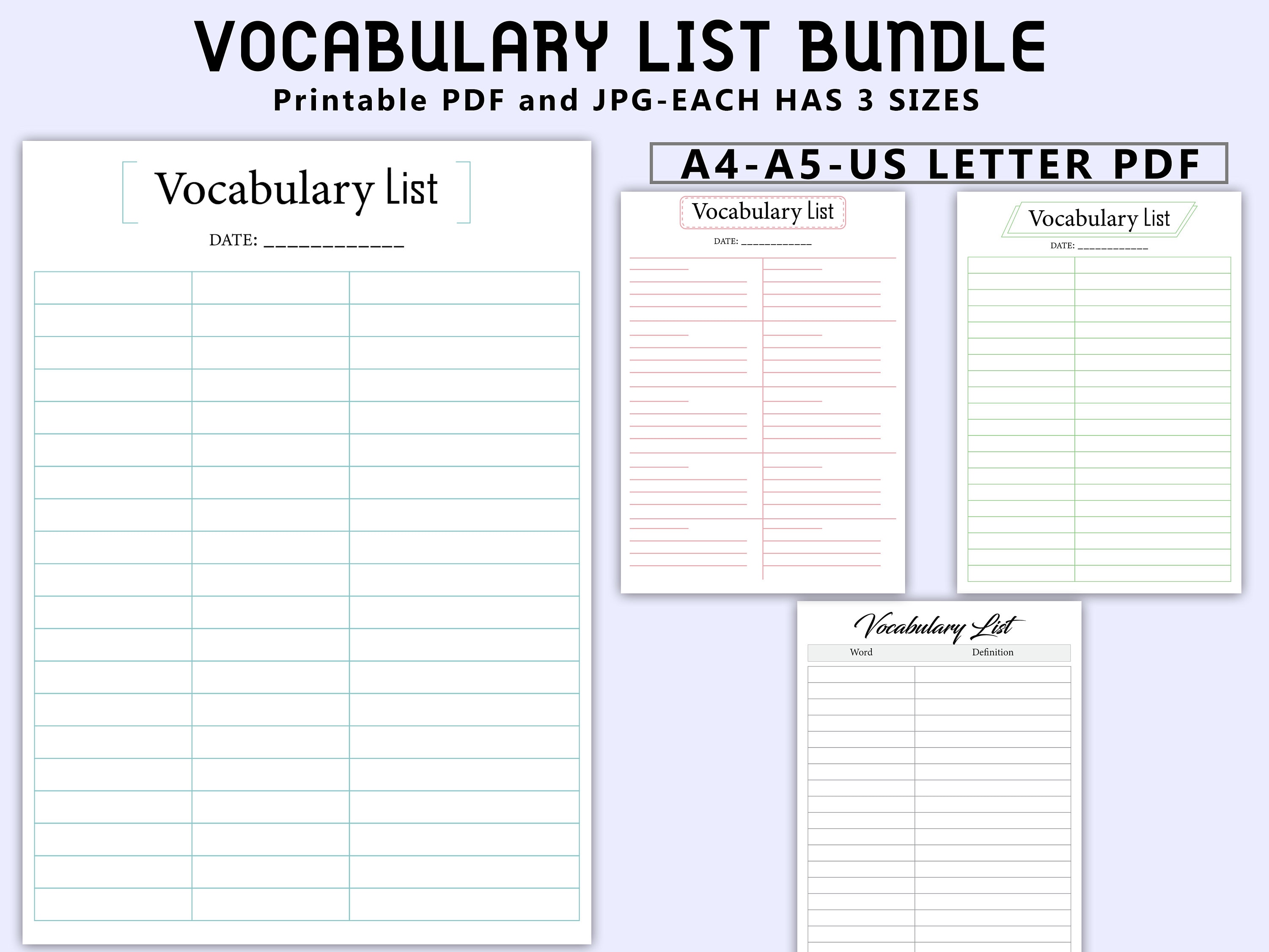 Printable Vocabulary List Bundle, Vocabulary Set Printable, Language ...
