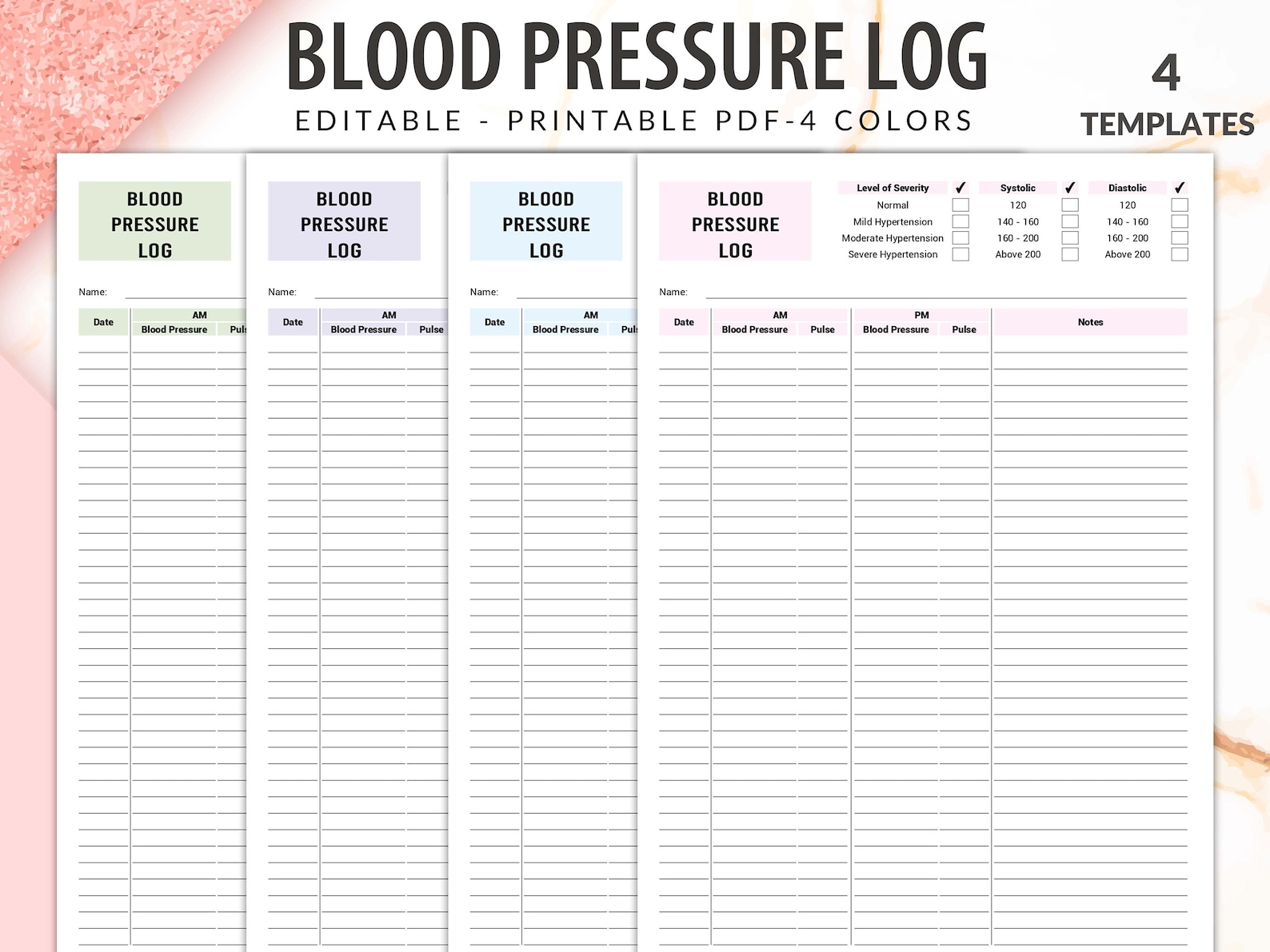 Blood Pressure Log Editable Printable, Monthly Blood Pressure Tracker ...