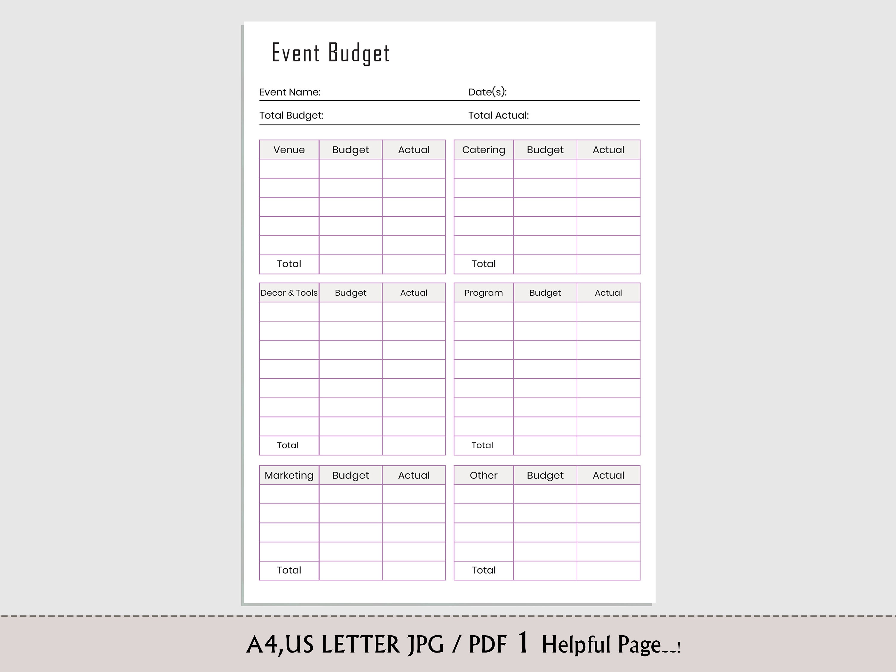 Printable Event Budget, Party Planner, Birthday Party Organiser, Event ...