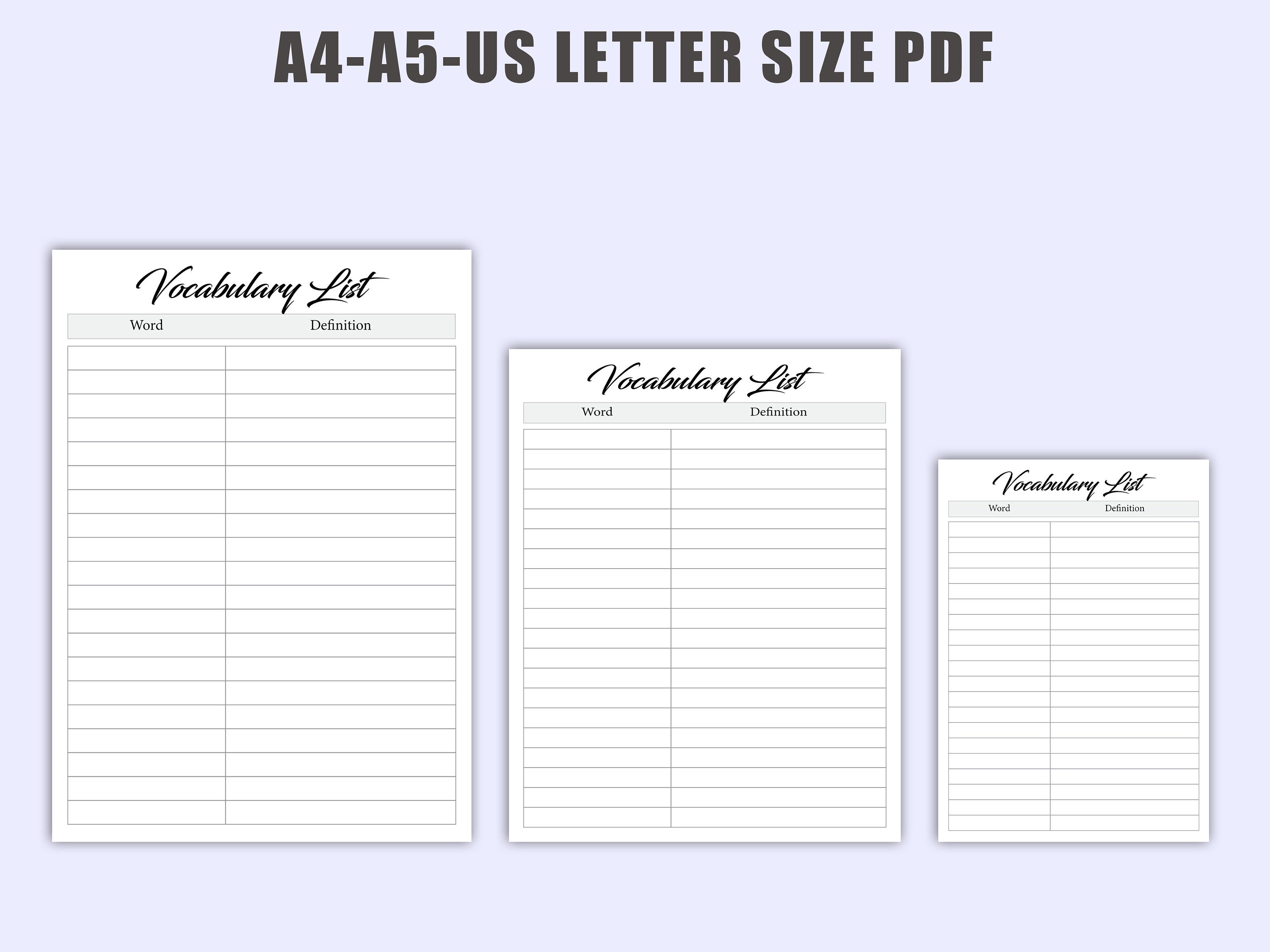 Printable Vocabulary List Bundle, Vocabulary Set Printable, Language ...