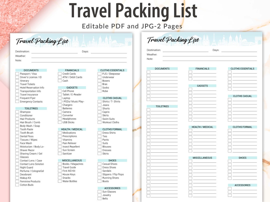 Editable Travel Packing List Travel Packing List Printable - Etsy