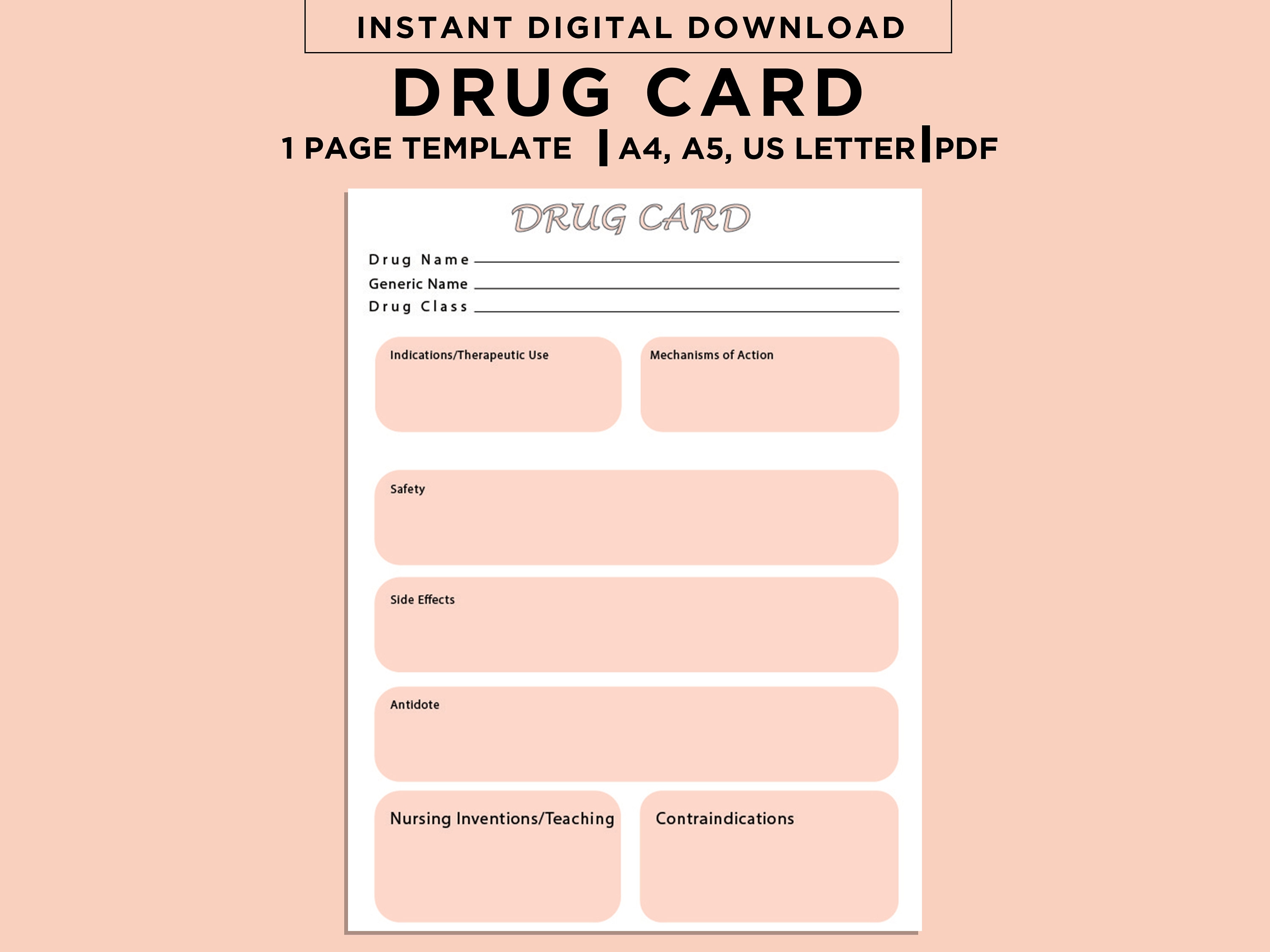 Drug Card Template, Pharmacology Concept Map for Nurses, A4, A5, US ...