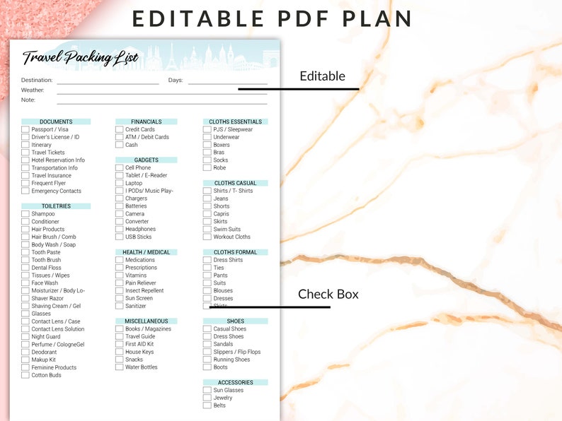 Editable Travel Packing List, Travel Packing List Printable, Packing ...