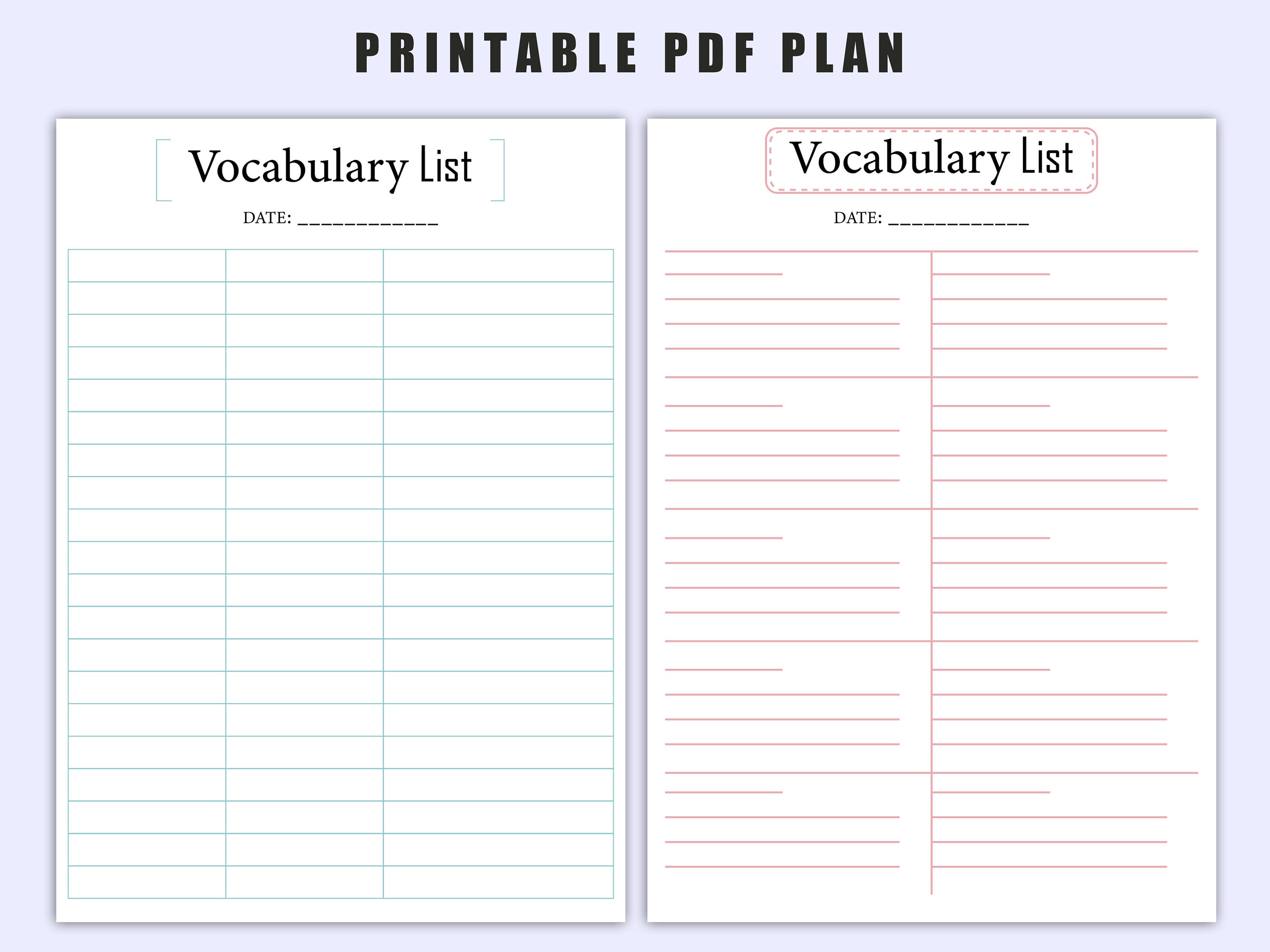 Printable Vocabulary List Bundle, Vocabulary Set Printable, Language ...