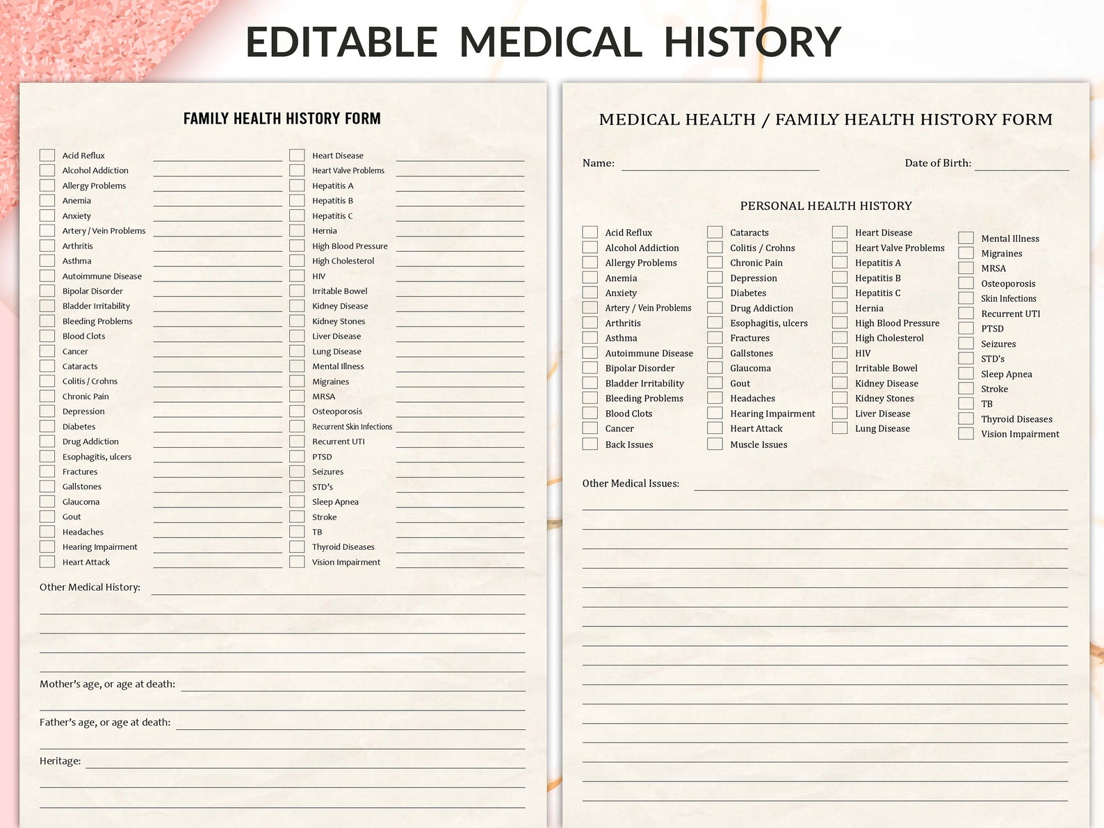 EDITABLE Medical History Form, Family Medical History Form , Medical ...