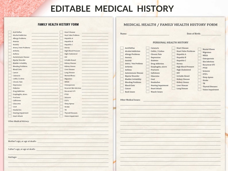 EDITABLE Medical History Form, Family Medical History Form , Medical ...