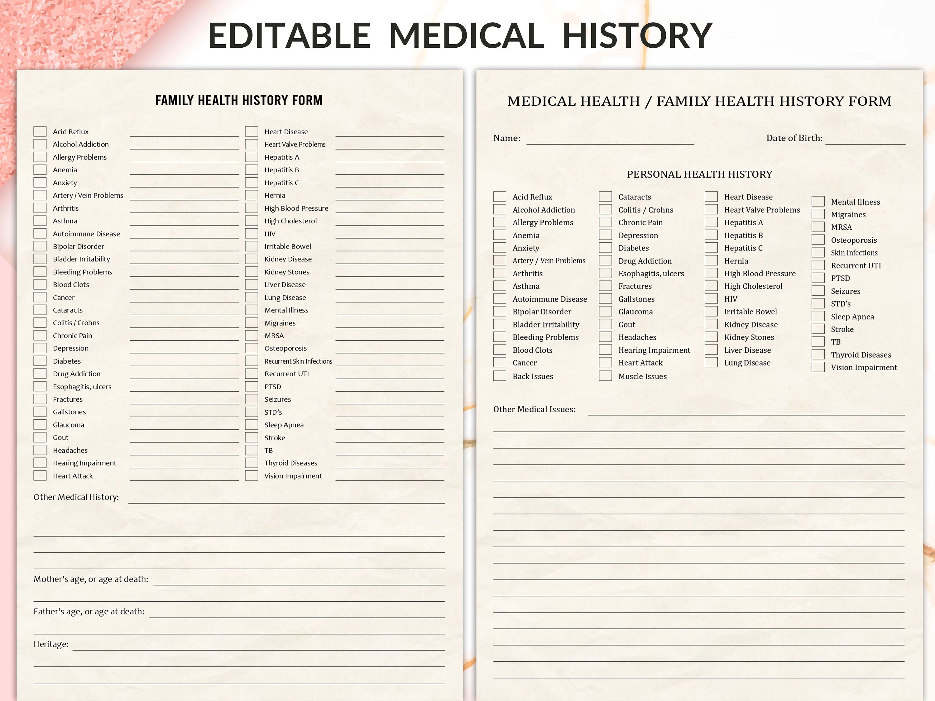 EDITABLE Medical History Form, Family Medical History Form , Medical ...