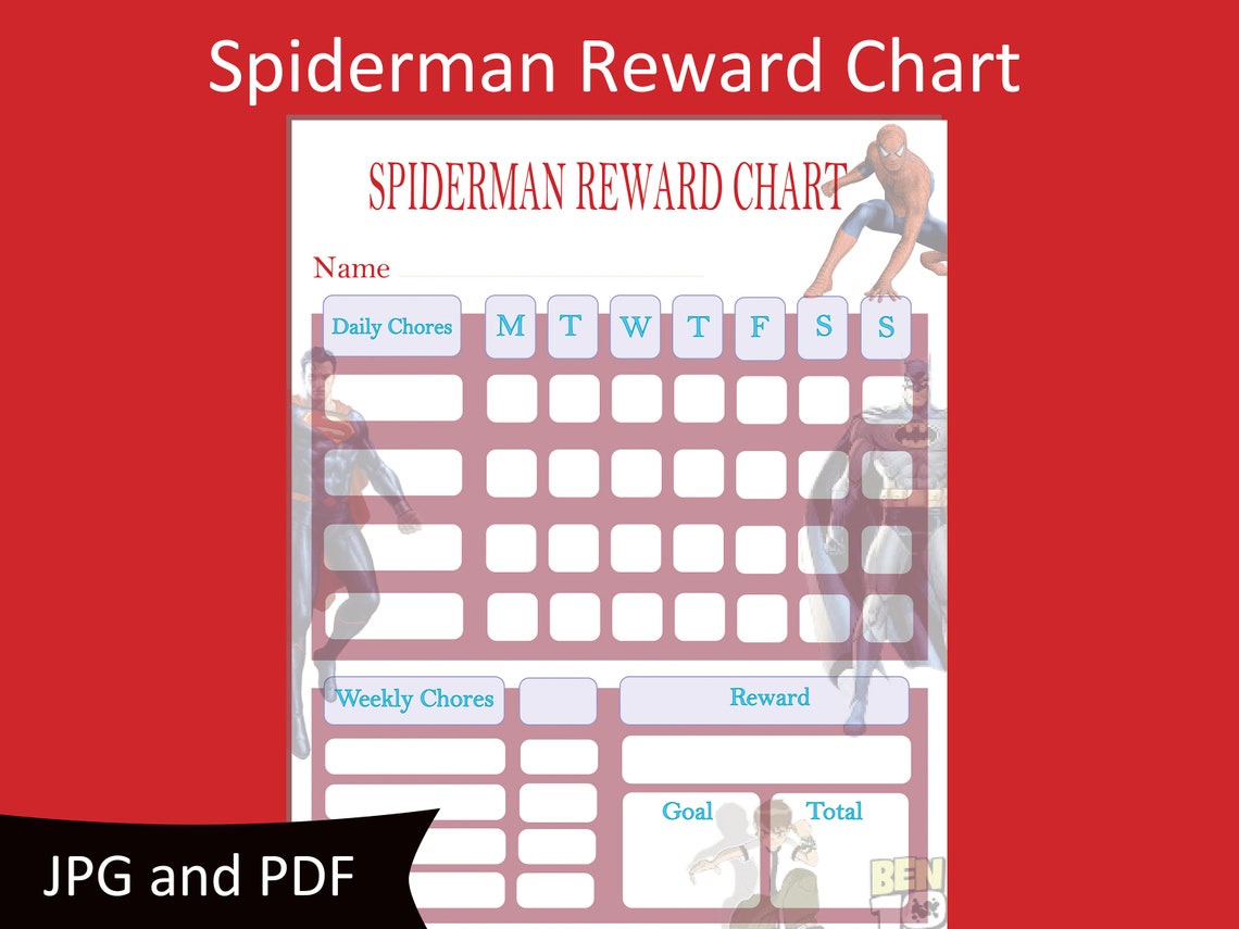 Printable Spidermen Reward Chart for Kids, Daily Chore Chart, Kids ...