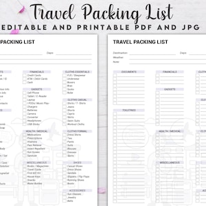 Editable Travel Packing List, Travel Packing List Printable, Packing ...