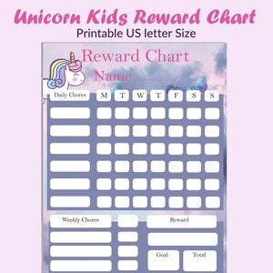 Printable Unicorn Reward Chart for Kids, Daily Chore Chart, Kids ...