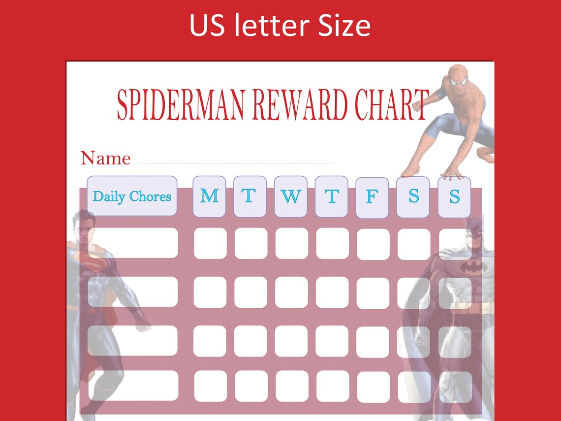 Printable Spidermen Reward Chart for Kids, Daily Chore Chart, Kids ...