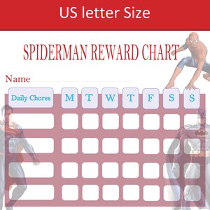 Printable Spidermen Reward Chart for Kids, Daily Chore Chart, Kids ...