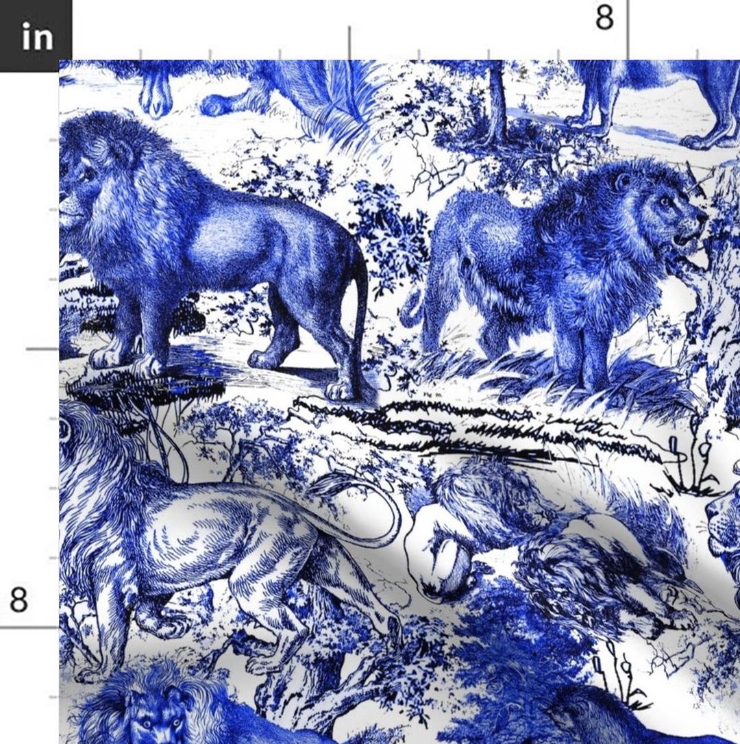 Blue Lion Toile De Jouy Fabric - Chinoiserie Lion - Blue Lion Forest ...