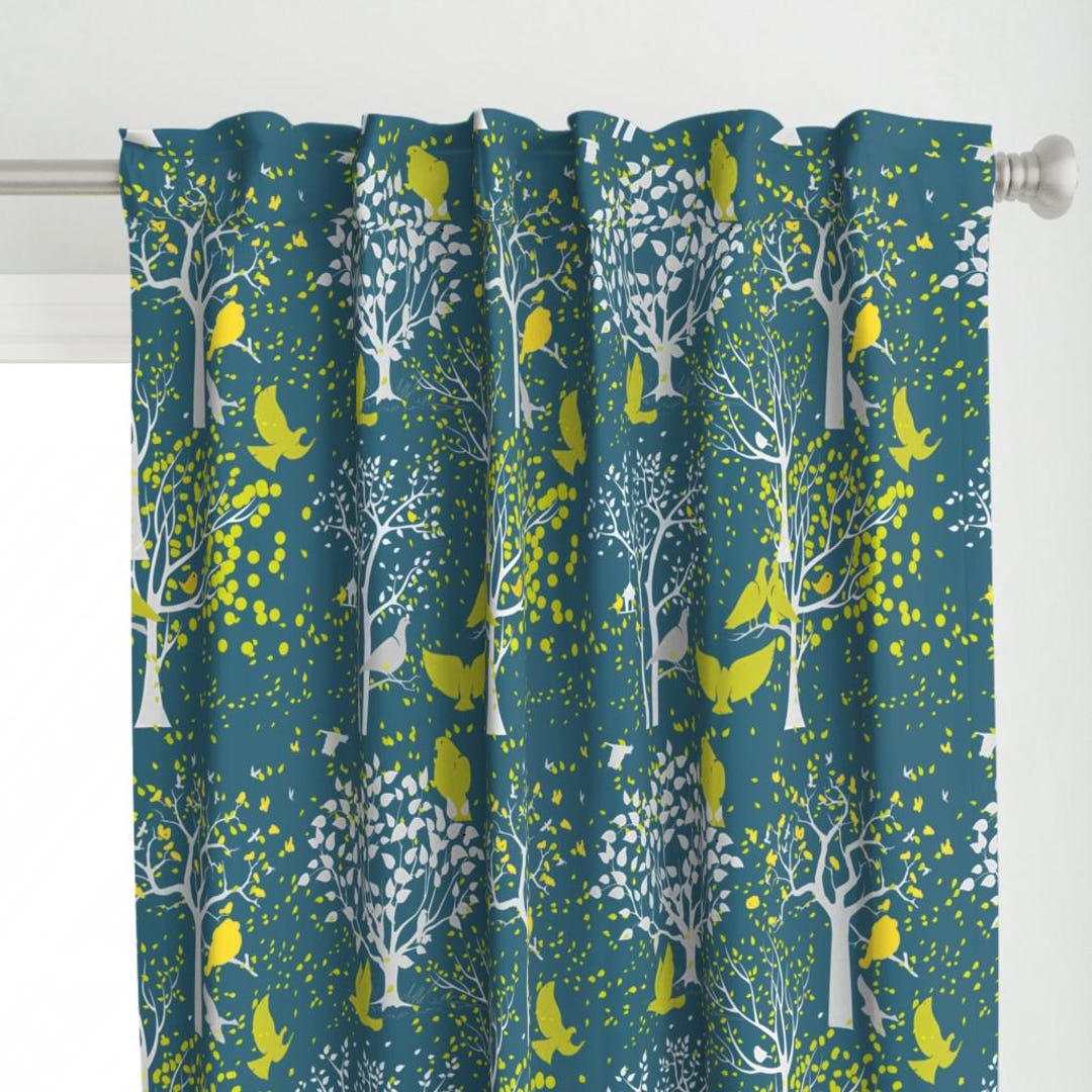 Green Tree Forest Curtain Panel - Tree and Bird - Forest Green Trees ...