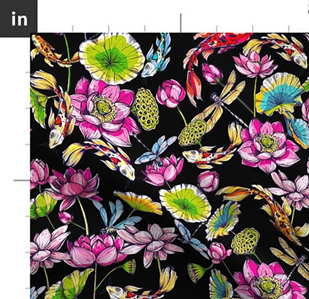 Lotus Flower Fabric - Waterlily Dragonfly- Watercolor Modern Floral ...