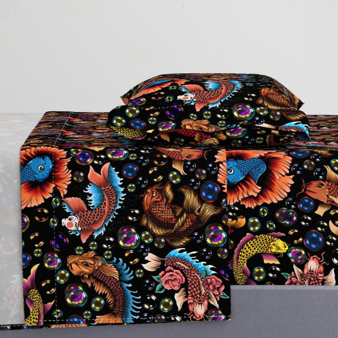 Antique Koi Fish Sheets - Japanese Koi Fish - Orange Goldarn Koi Water ...