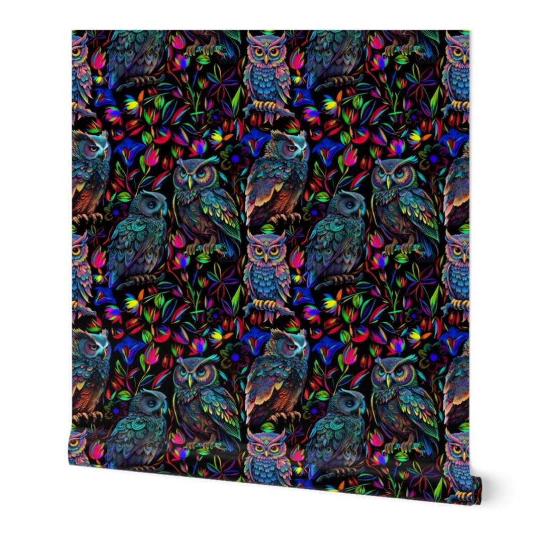 Neon Owls Wallpaper - Dark Night Owls - Neon Owls Floral Botanical ...