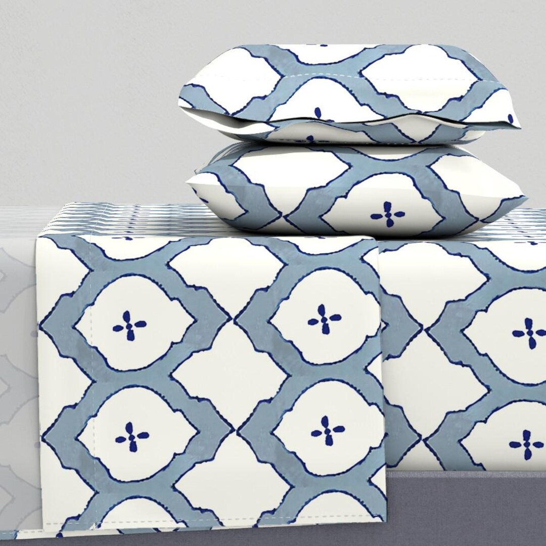 Moroccan Trellis Sheets - Moroccan Light Blue - Dusty Blue Printed ...