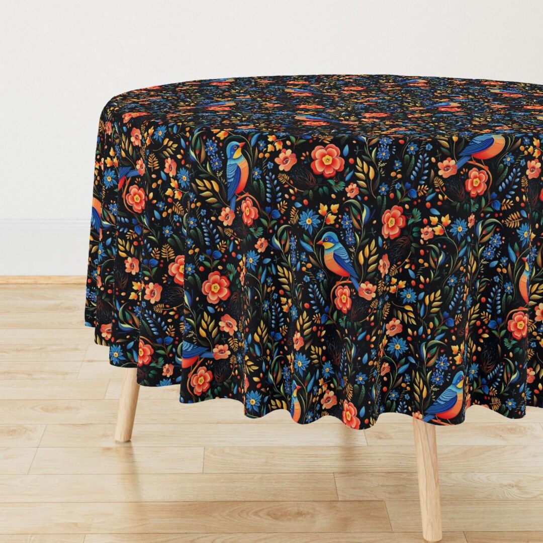 Midnight Garden Blue Bird Tablecloth - Blue Birds - Branches Hand Drawn ...