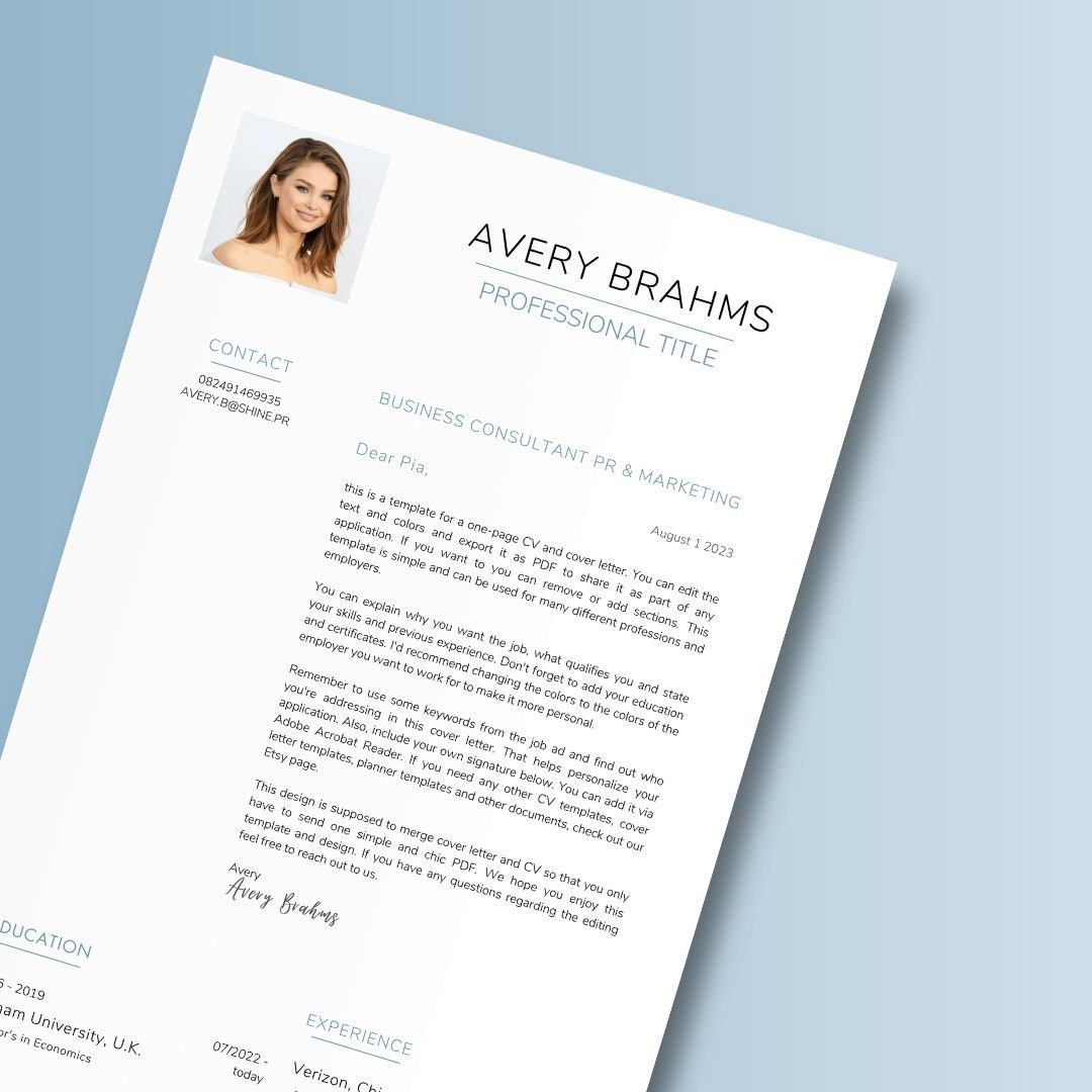 Professional CV Template Combined CV and Cover Letter in a Scrollable ...