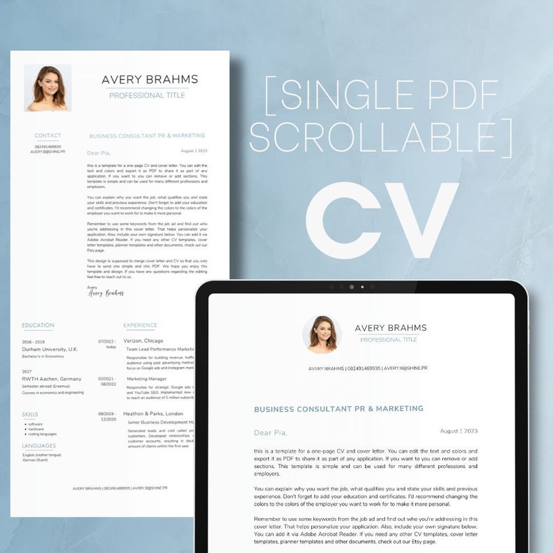 Professional CV Template Combined CV and Cover Letter in a Scrollable ...
