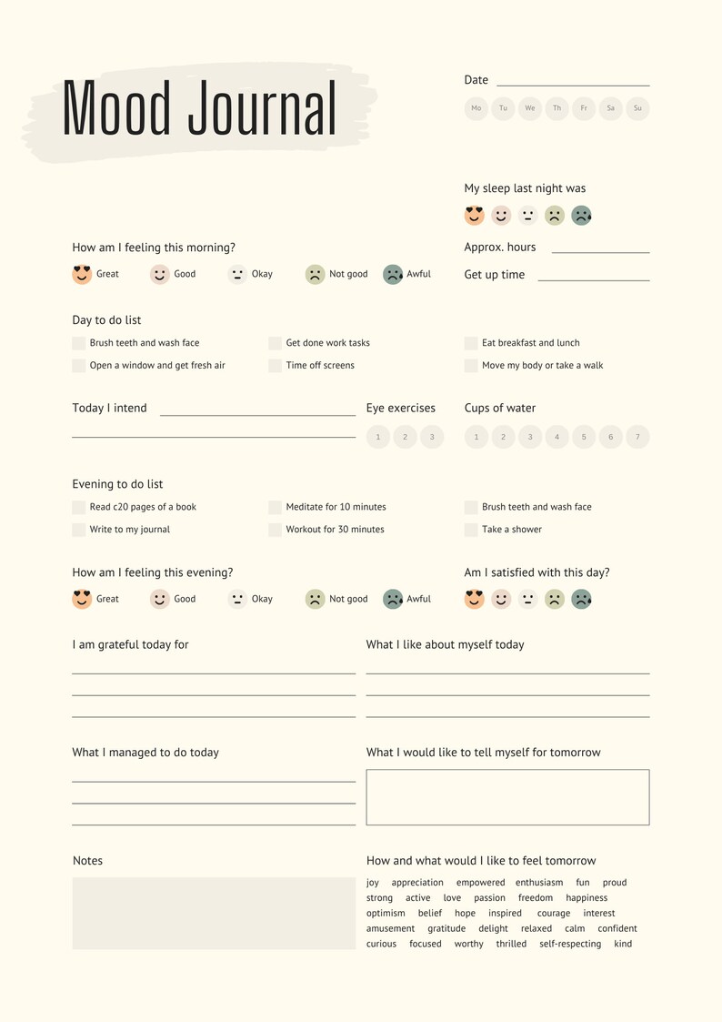 Weekly Mood Tracking Journal - Etsy