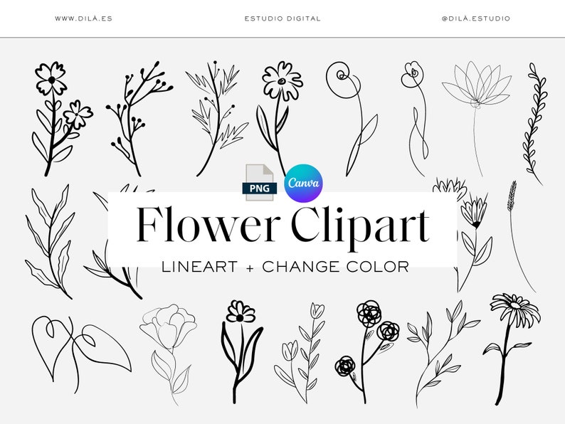 Lineart Floral Clipart for Canva & PNG change color commercial - Etsy ...
